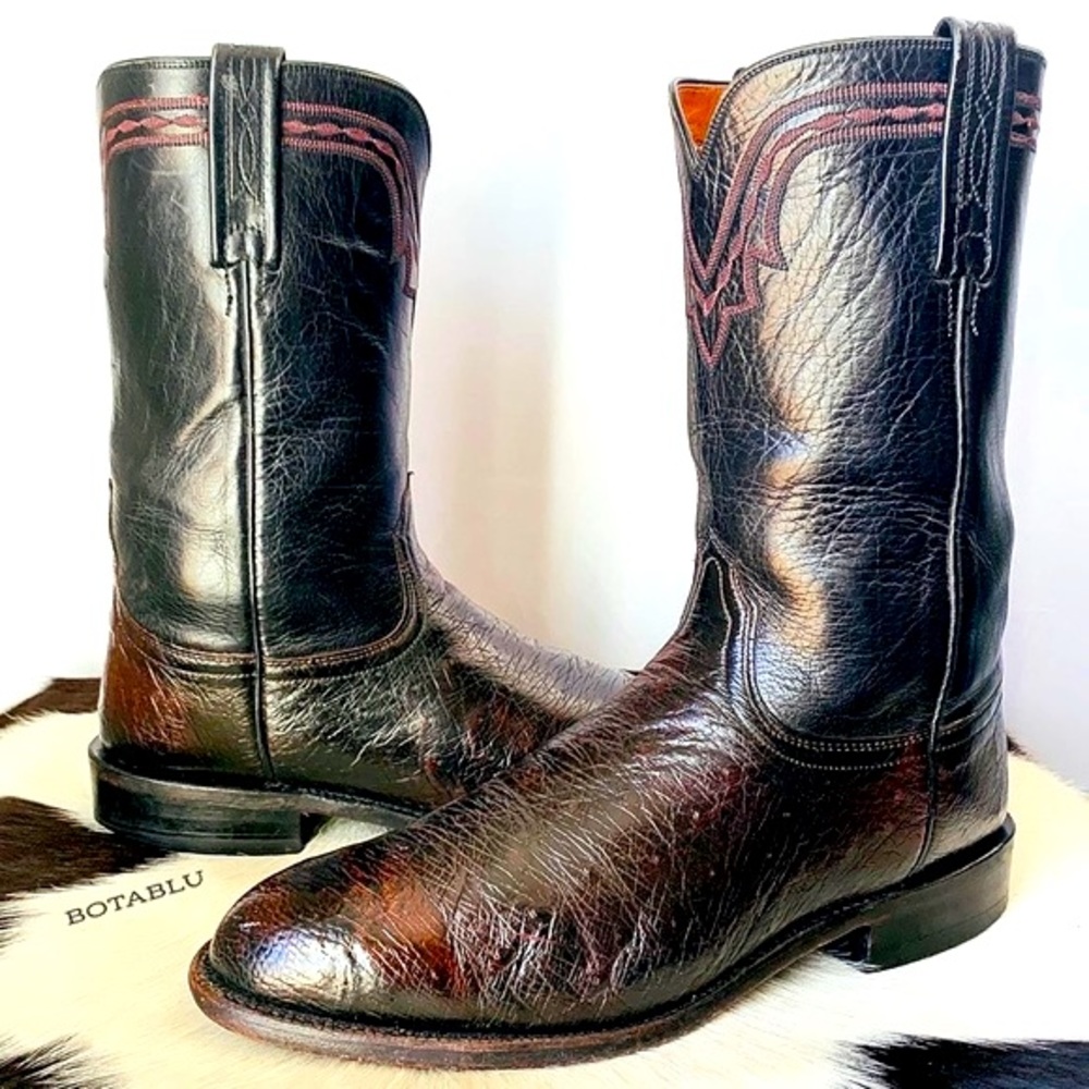 Lucchese Ostrich Leather Black Cherry Roper Cowboy We… - Gem